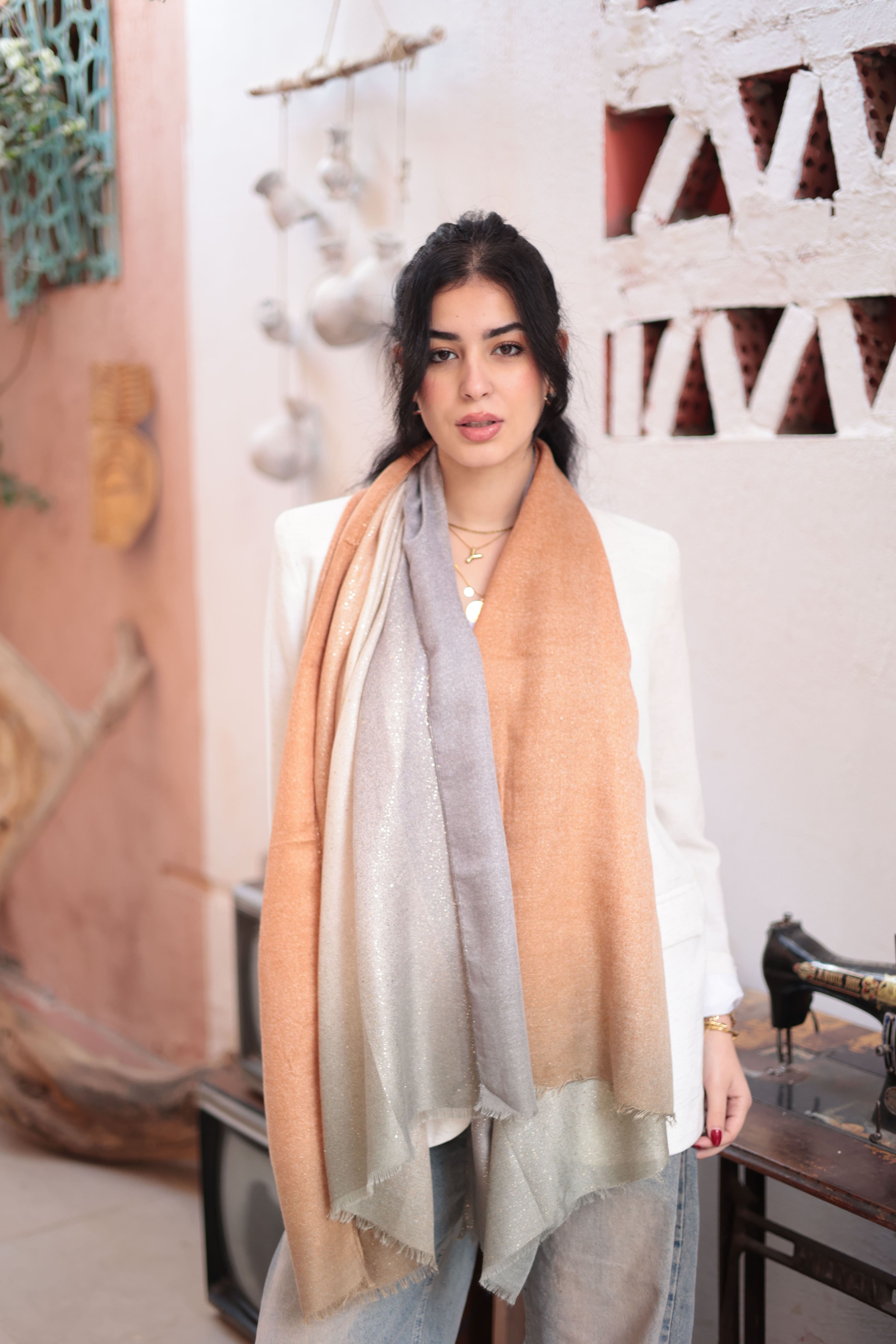 Luxurious Soft Turkish Cashmere Gradient Beige Shawl | guzelhanim.com